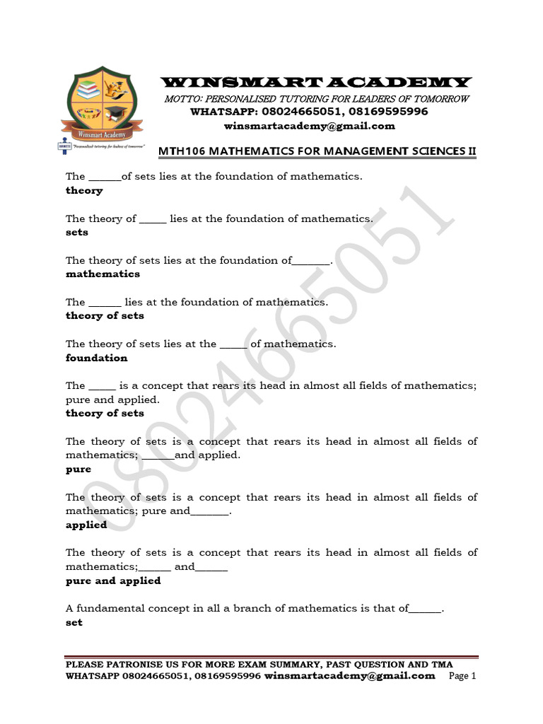MTH106 Mathematics for Management II Summary | PDF | Set (Mathematics ...