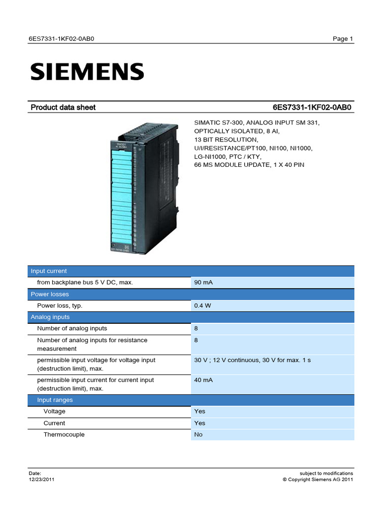 siemens.356ES7331-1KF02-0AB0 - AI Datasheet | PDF | Electrical Engineering | Electricity