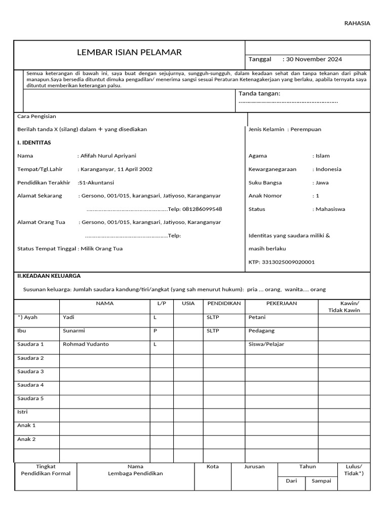 Lembar Isian Pelamar Singkat | PDF