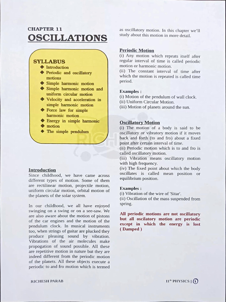 CH 11 Oscillations Notes Class 11 | PDF