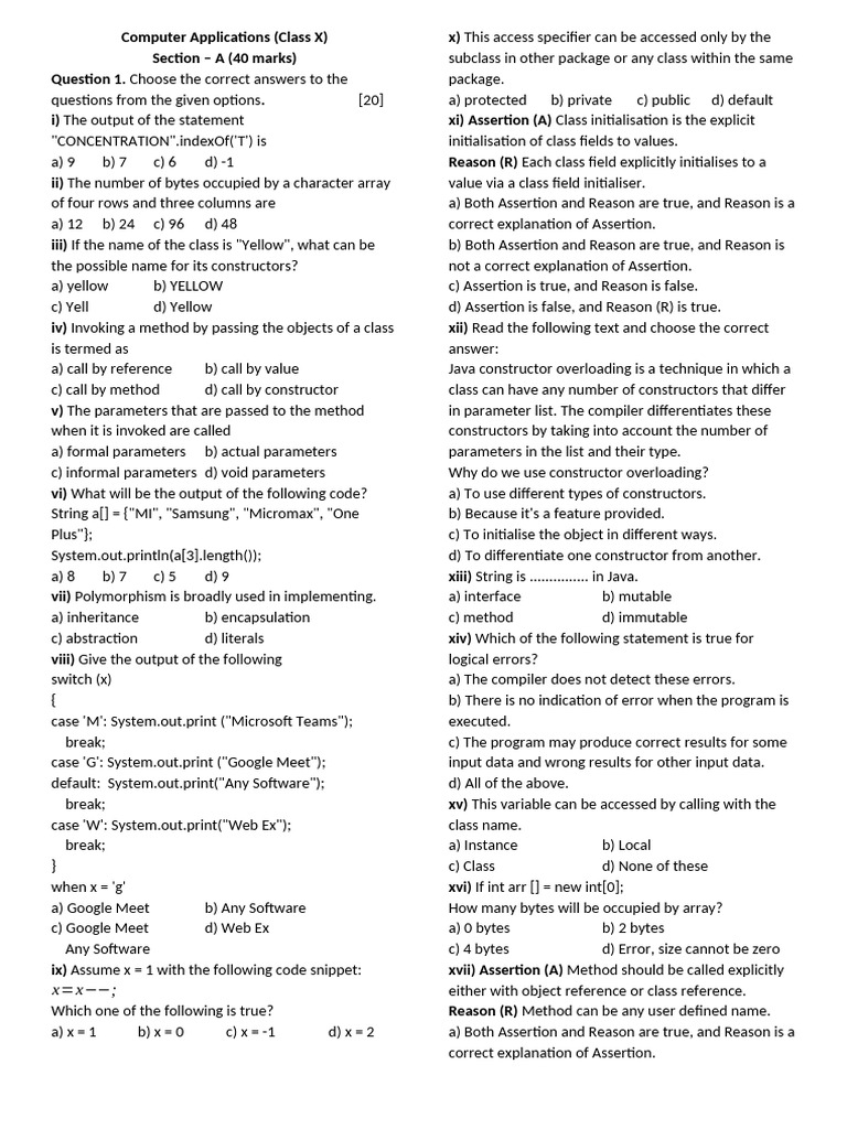Computer Applications (Test) Class X 24-25-1 | PDF | Constructor ...