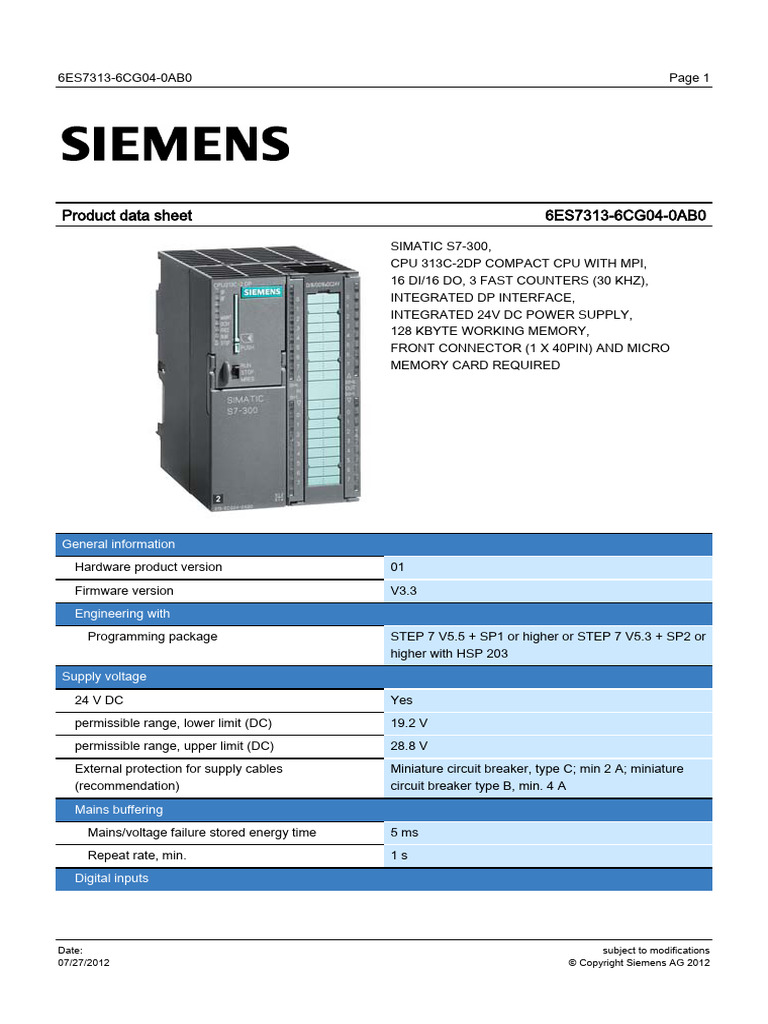 6ES7313 6CG04 0AB0 Datasheet - CPU | PDF | Byte | Power Supply