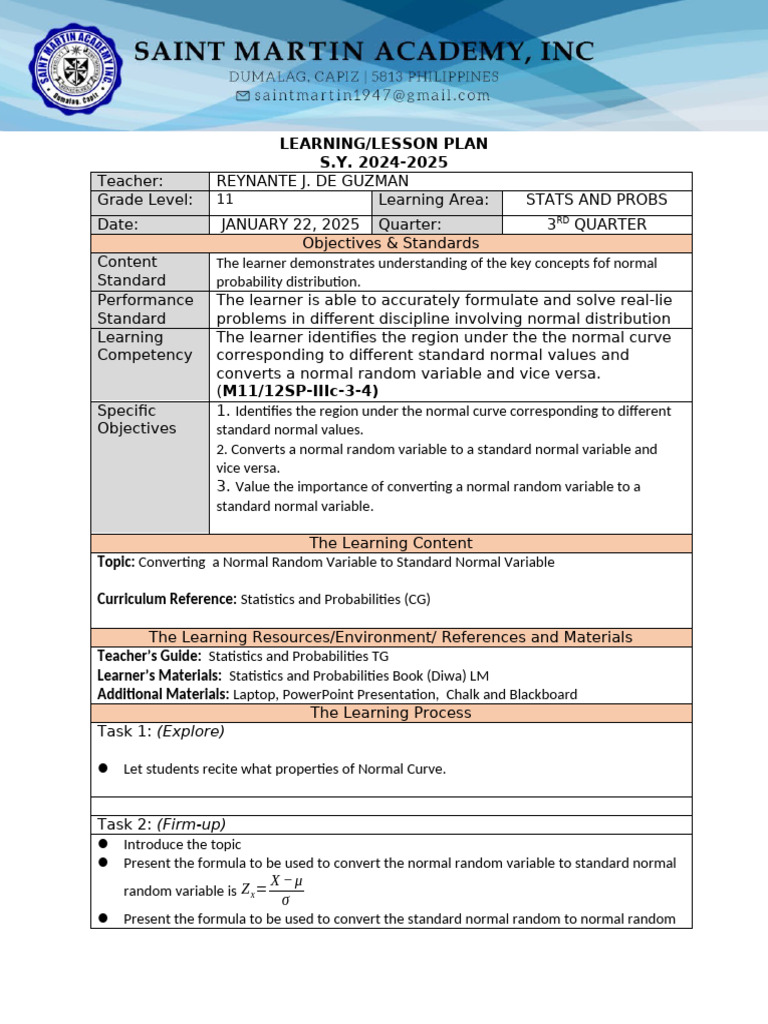 Learning Plan(1) | PDF | Normal Distribution | Statistics