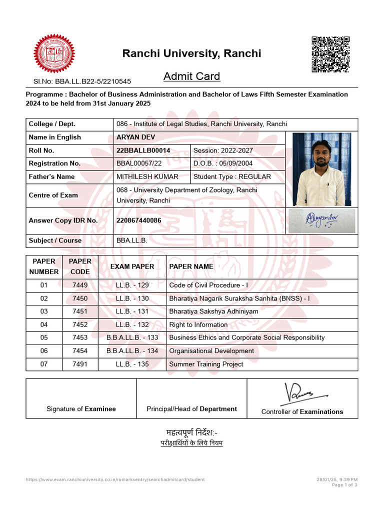 Admit Card - Ranchi University | PDF