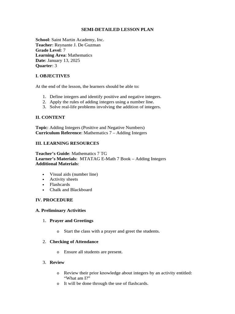 SEMI Detailed Lesson Plan On Adding Integers | PDF | Learning | Lesson Plan