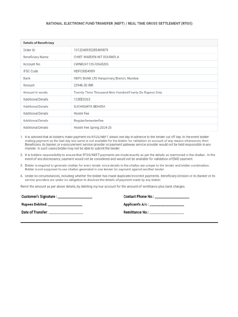 Chief Warden Nit Rourkela-Neft-Rtgs-Challan-10 012 2024 21-35-27 | PDF