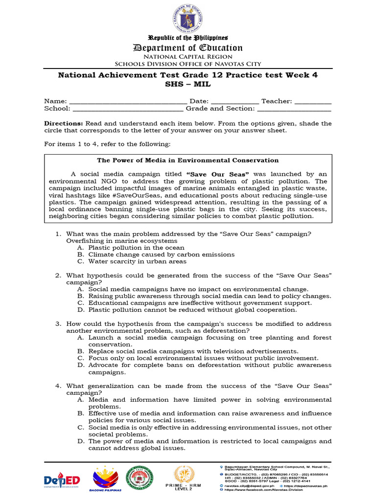 Grade 12 NAT Practice Test: Media & Info | PDF | Social Media | Popular ...
