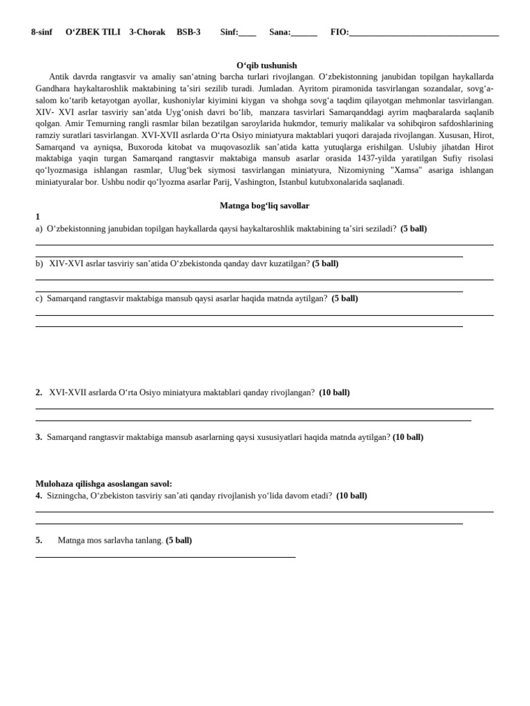 BSB-3 8-Sinf O'zbek Tili | PDF