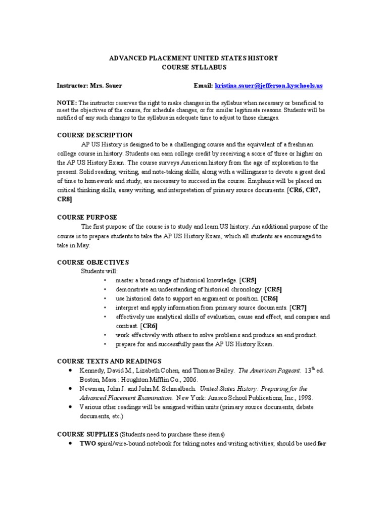 AP US History Course Syllabus | PDF | Advanced Placement | Test ...