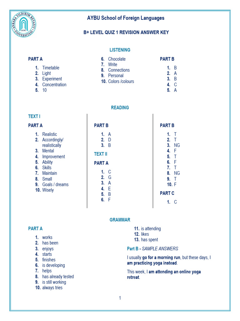B+ Quiz 1 Revision Answer Key & Transcriptions | PDF | Foreign Language