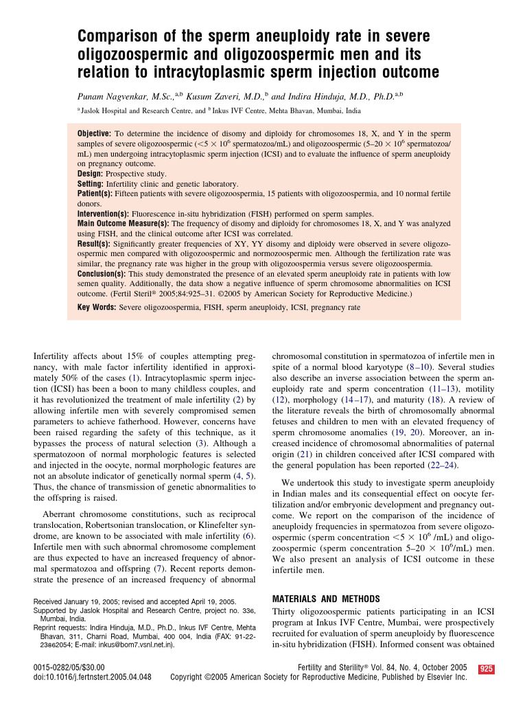 Comparison of the sperm aneuploidy rate in severe oligozoospermic and ...
