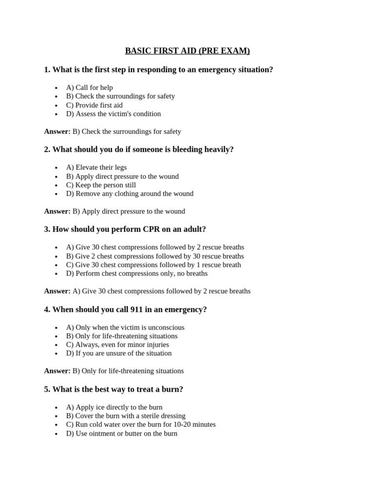 BASIC FIRST AID PRE EXAM Qustions | PDF
