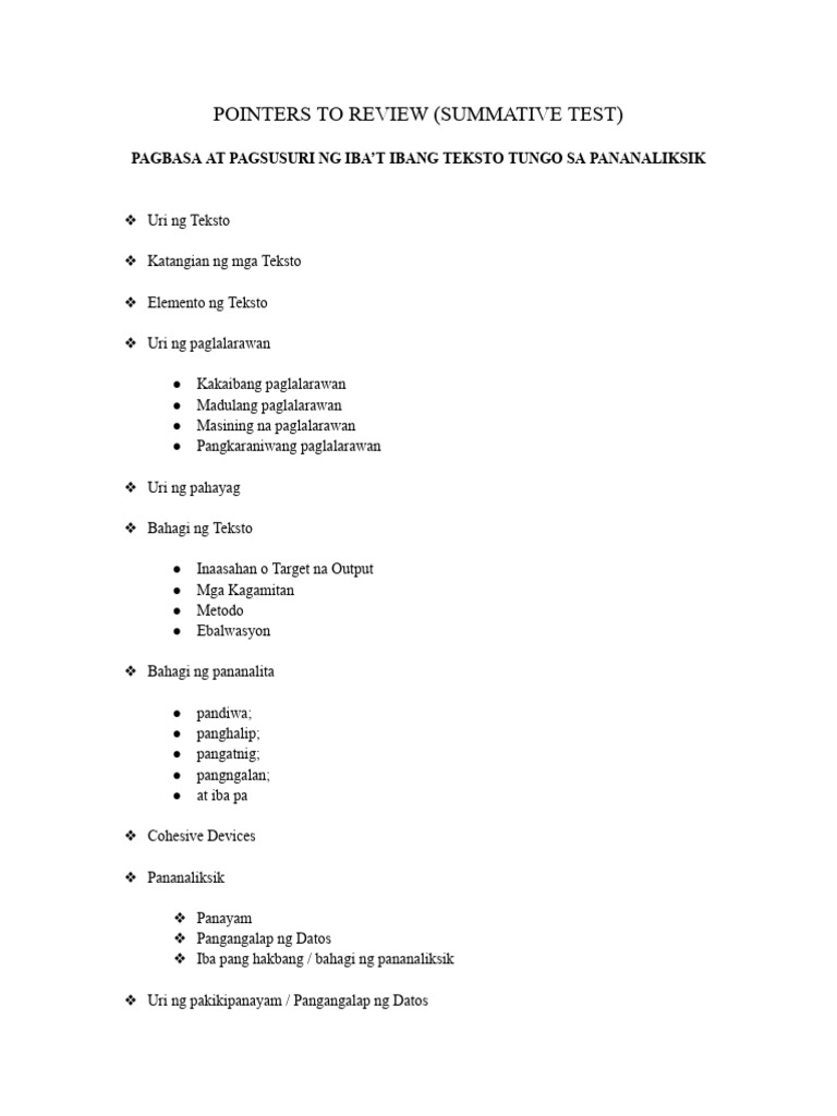 Pagbasa Summative Pointers | PDF