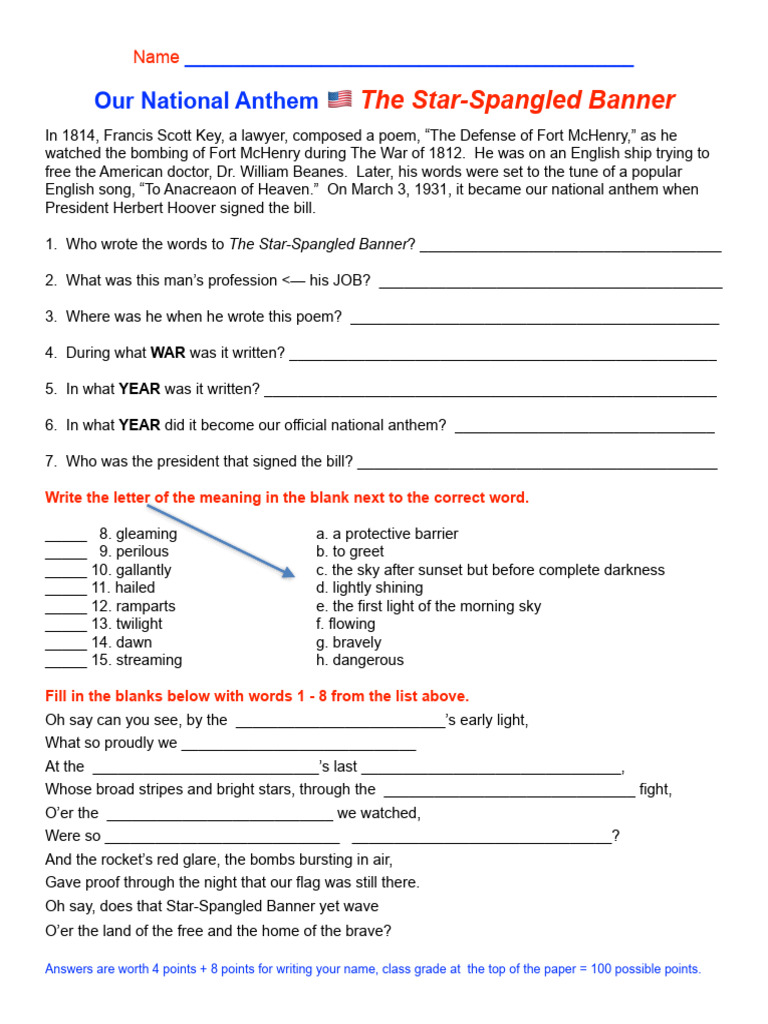 2025.OurNationalAnthemWorksheetQuizable-1 | PDF | The Star Spangled ...