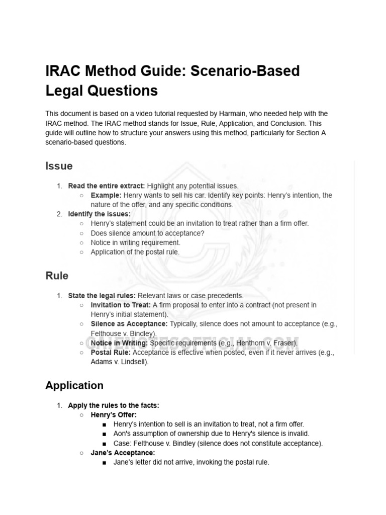 IRAC Method for Legal Scenarios | PDF | Offer And Acceptance | Justice