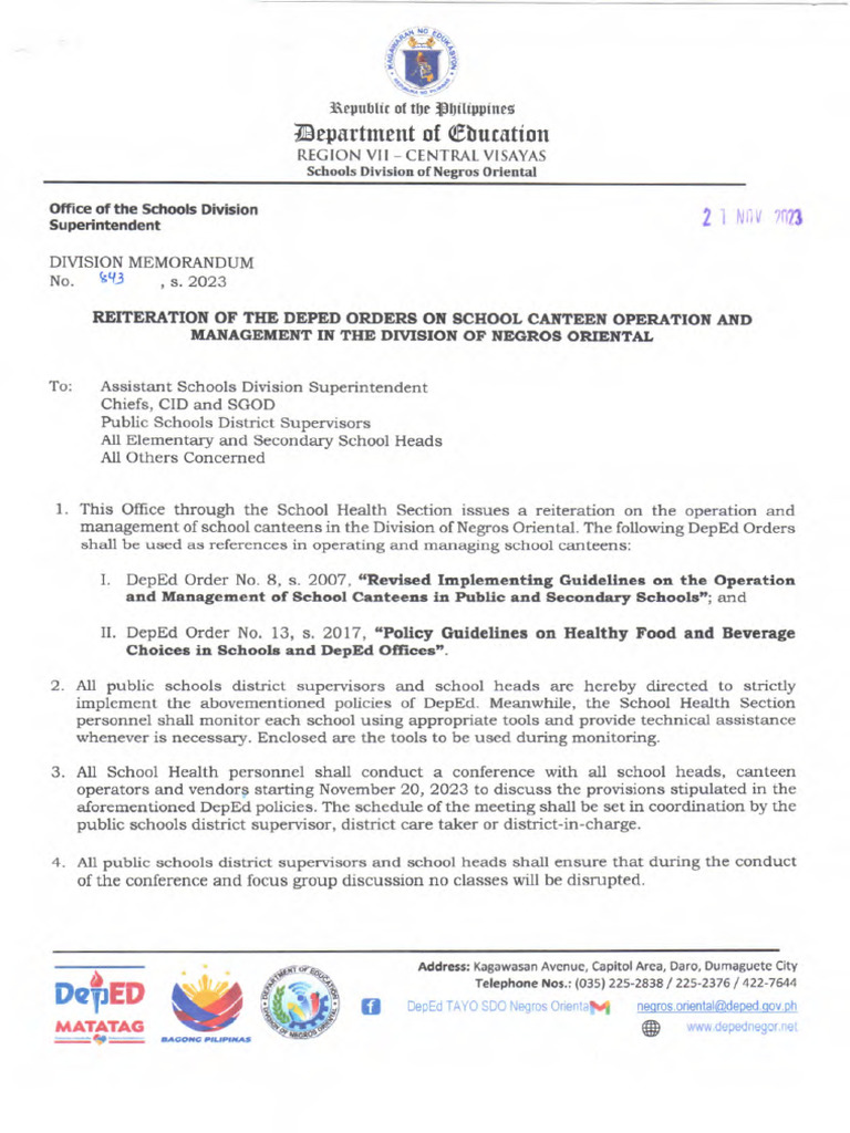 DM No. 843 S. 2023 Reiteration of The Deped Orders On School Canteen Operation and Management in ...