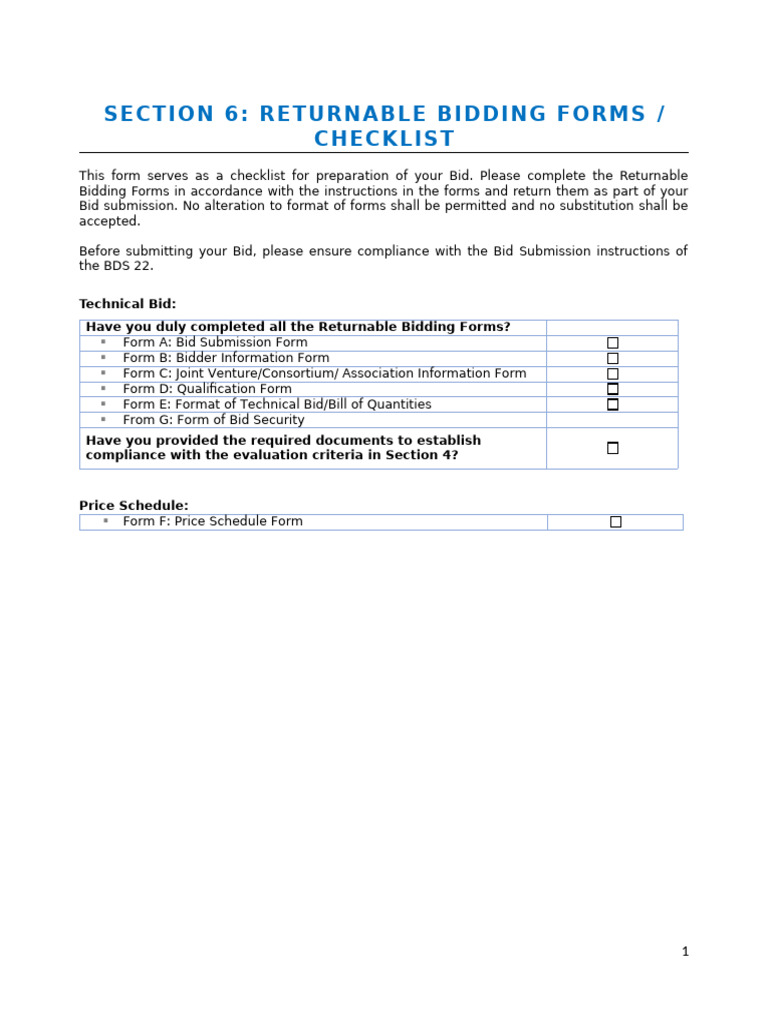 Returnable Bidding Forms Checklist | PDF | Specification (Technical Standard) | Business