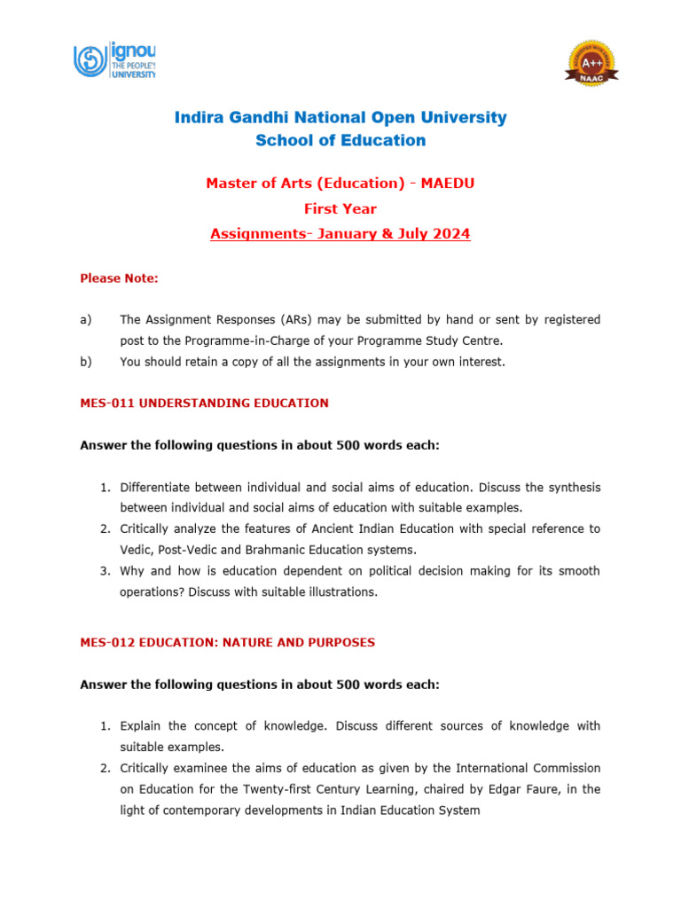 M.A. (Education) - First Year Assignments (January and July 2024) - English | PDF ...
