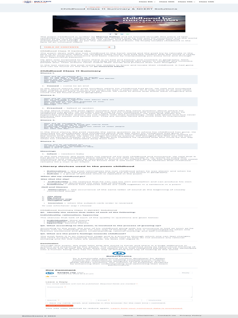 Childhood Class 11 Summary & NCERT Solutions - BetterExams | PDF | Poetry