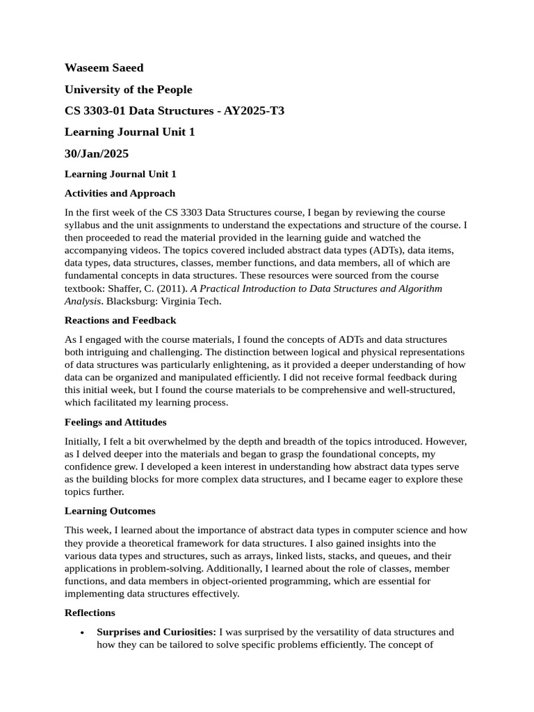 Learning Journal Unit 1-Submission | PDF | Data Structure | Cognition