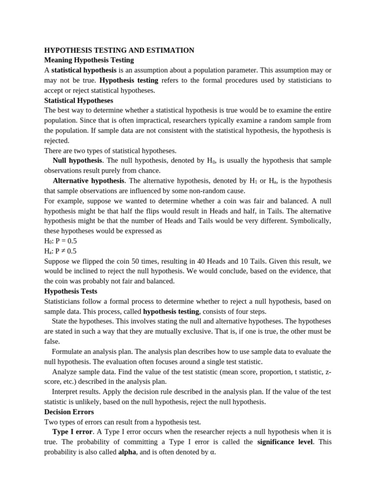 Hypothesis Testing And Estimation Pdf P Value Statistical Significance