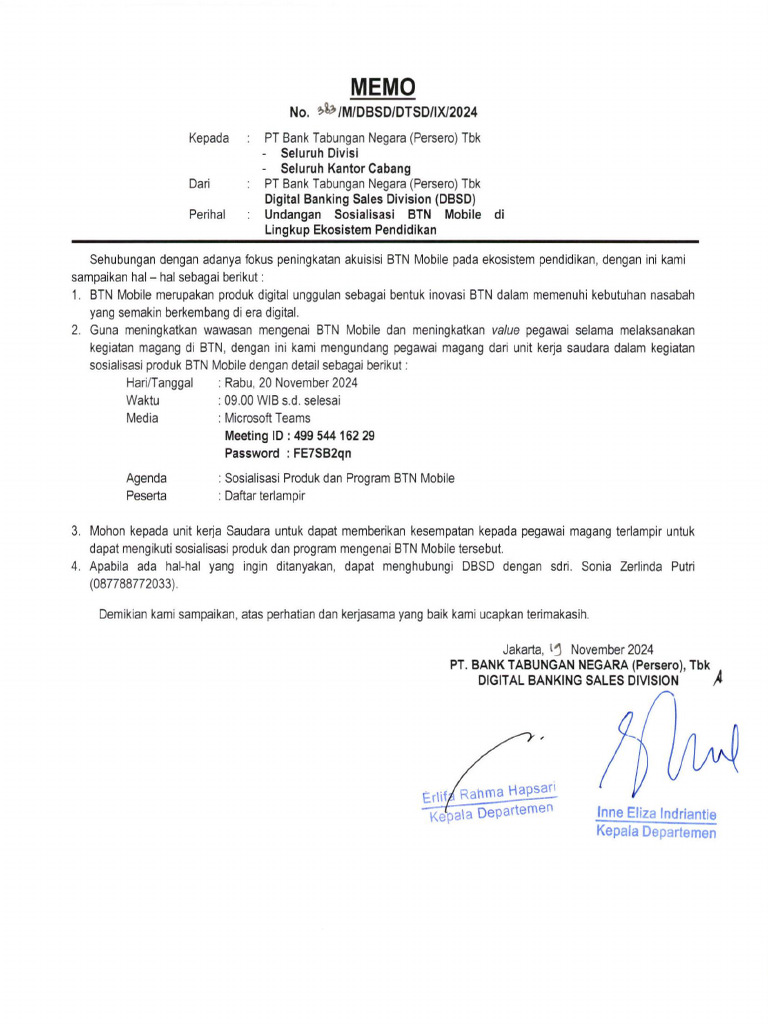 383.M.dbsd - DTSD.xi.2024 Undangan Sosialisasi BTN Mobile Di Lingkup Ekosistem Pendidikan | PDF