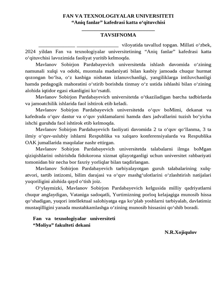 Fan Va Texnologiyalar Universiteti "Aniq Fanlar" Kafedrasi Katta o ...