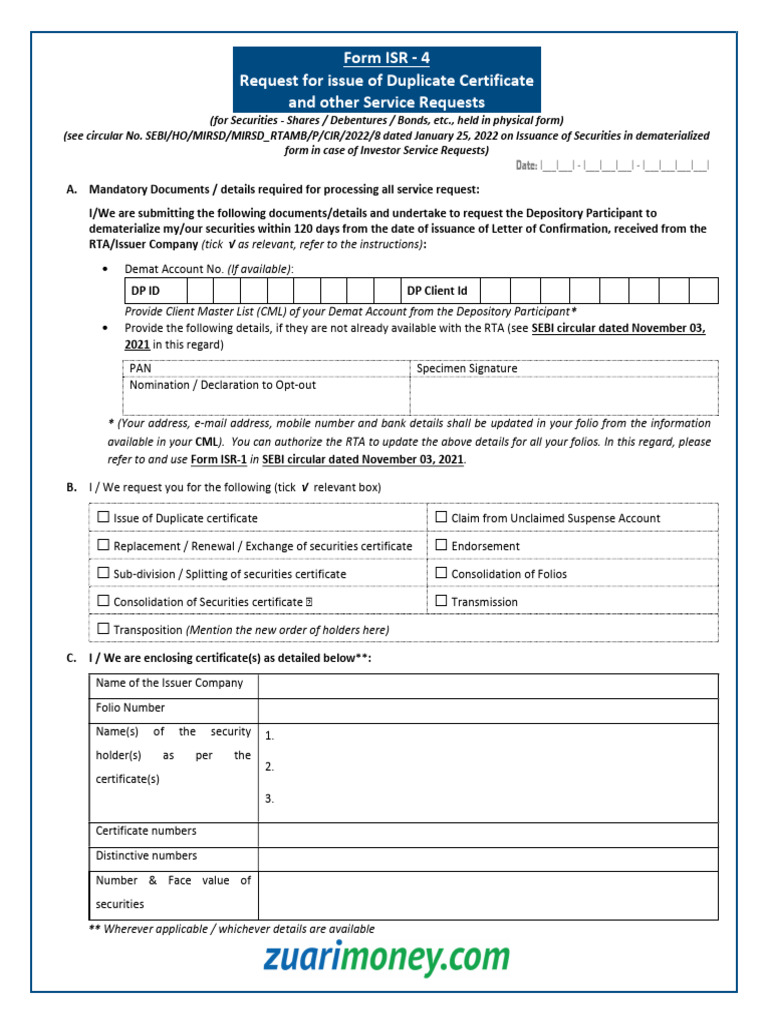 Duplicate Certificate Request Form ISR-4 | PDF | Securities (Finance ...
