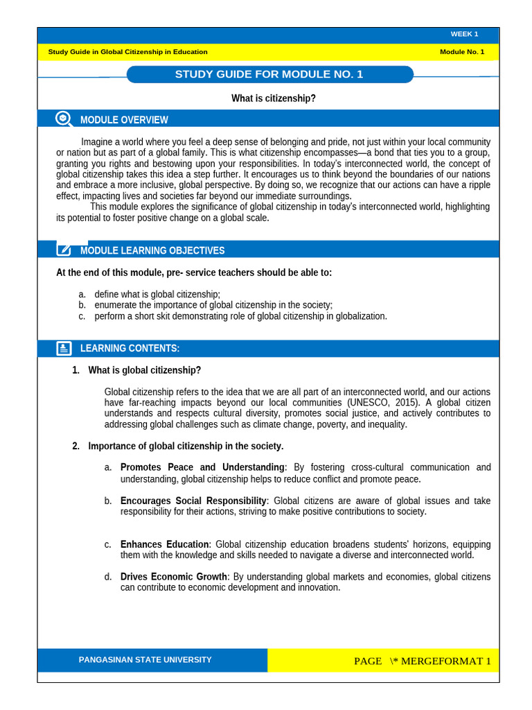 Global Citizenship Study Guide Module 1 | PDF | Sustainability ...