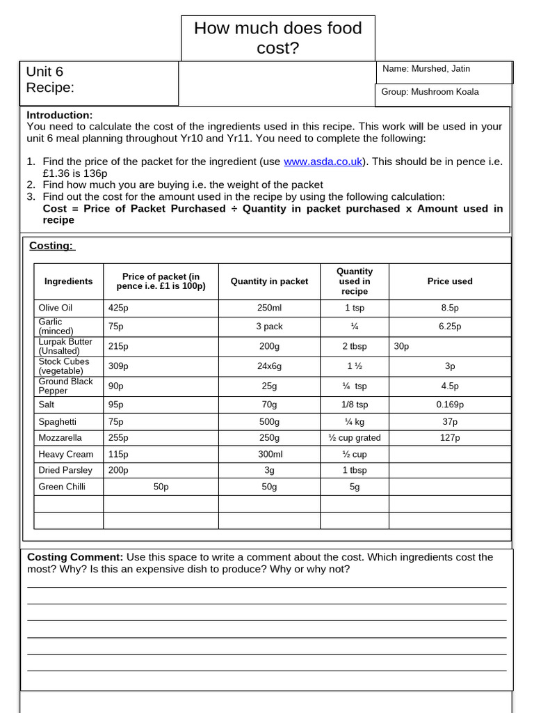 KS4 - Costing Sheet | PDF