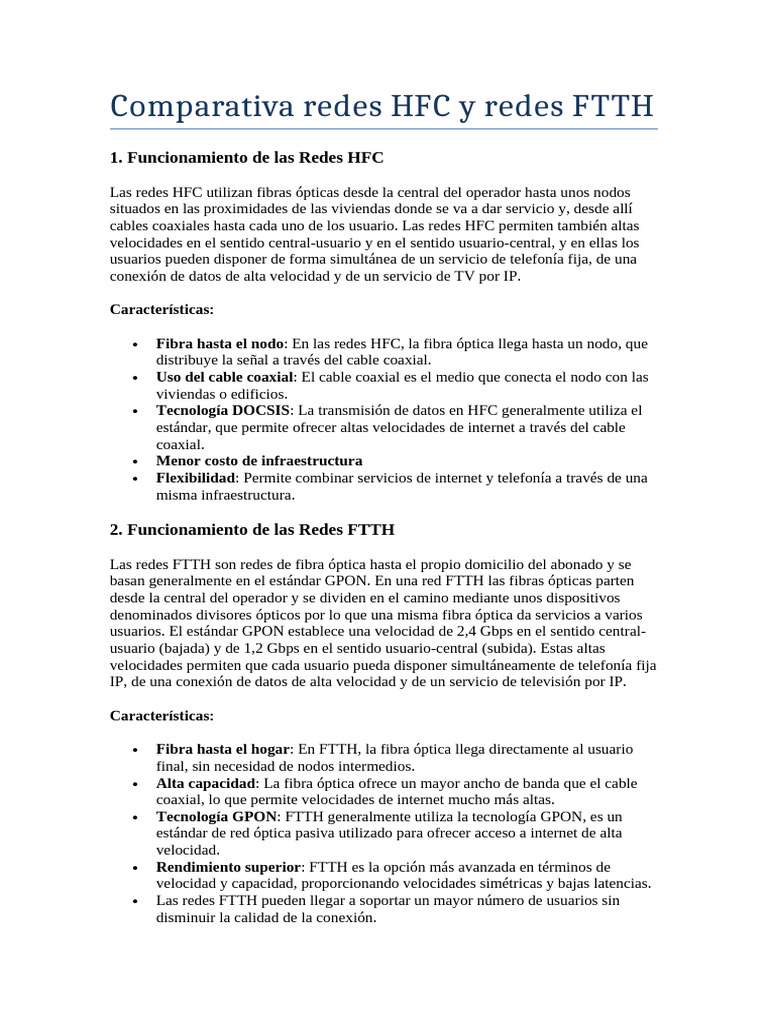 Comparativa Redes HFC y Redes FTTH | PDF | Televisión por cable ...
