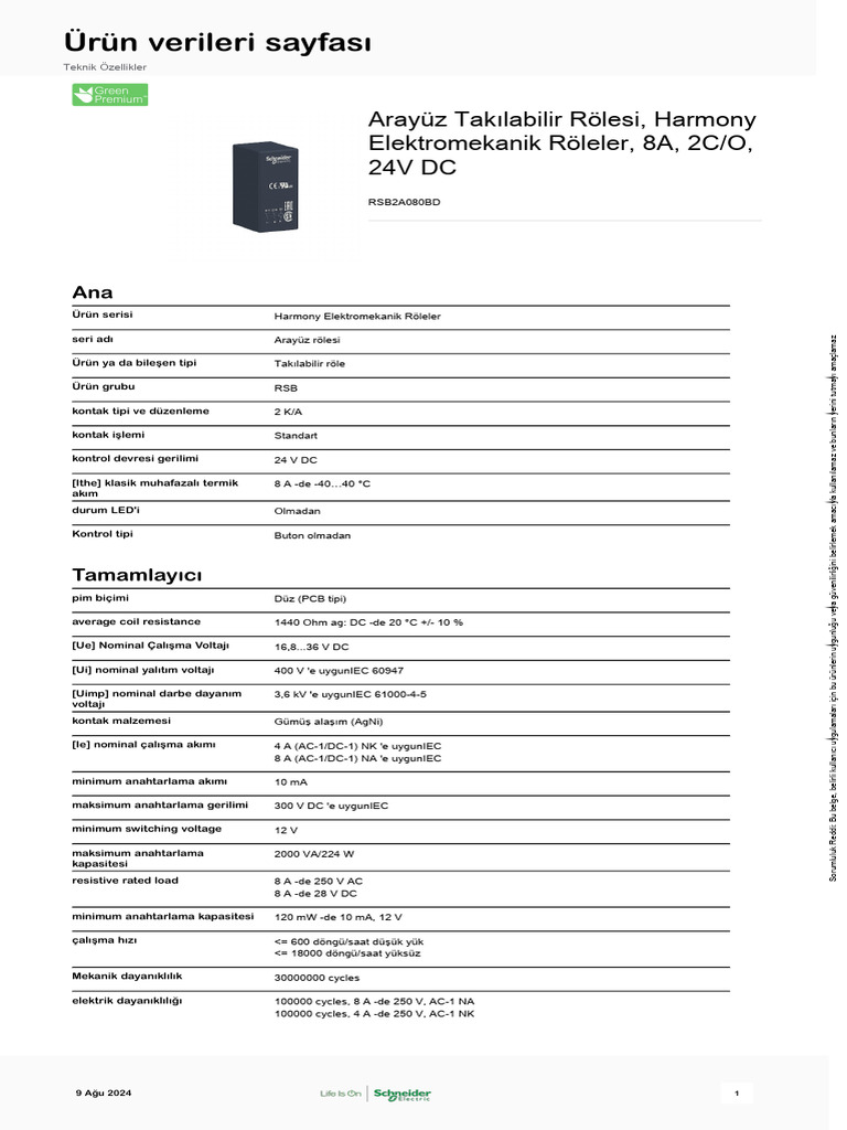 Schneider Electric Harmony-Elektromekanik-Röleler RSB2A080BD | PDF