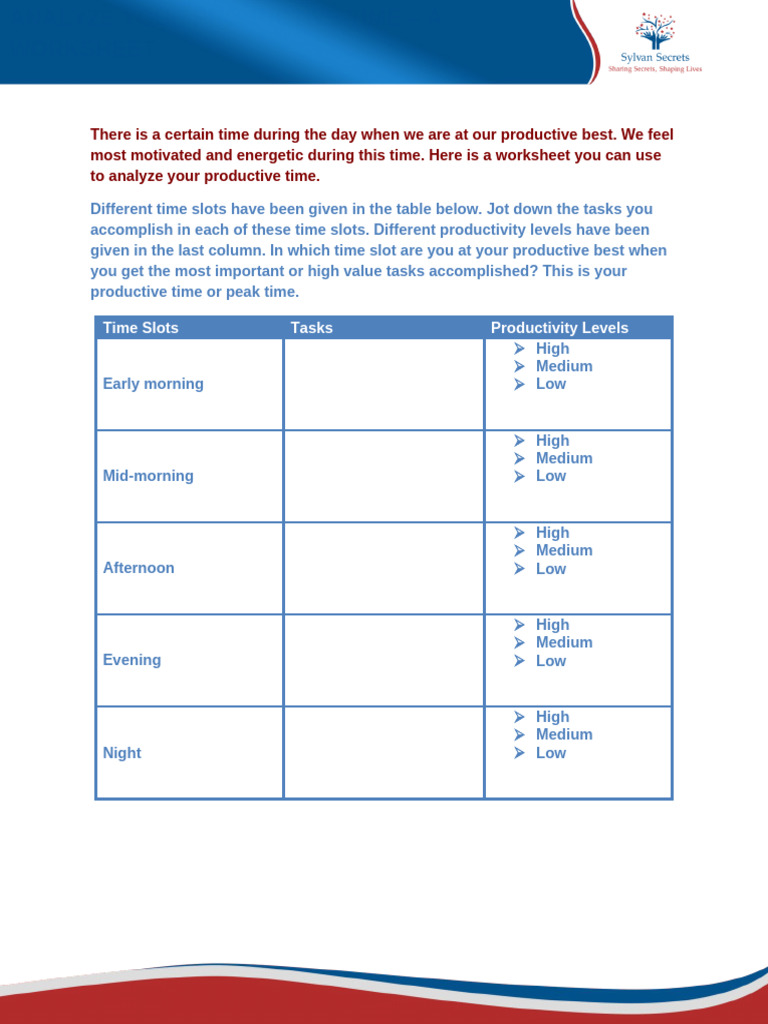 Analyse Your Productive Time A Worksheet | PDF