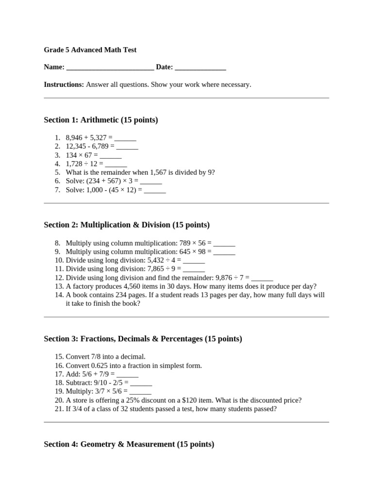 Grade 5 Advanced Math Test | PDF | Multiplication | Mathematics