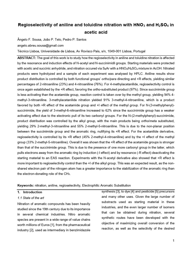 Regioselectivity of Aniline and Toluidine Nitration With HNO3 and H2SO4 in Acetic Acid | PDF ...