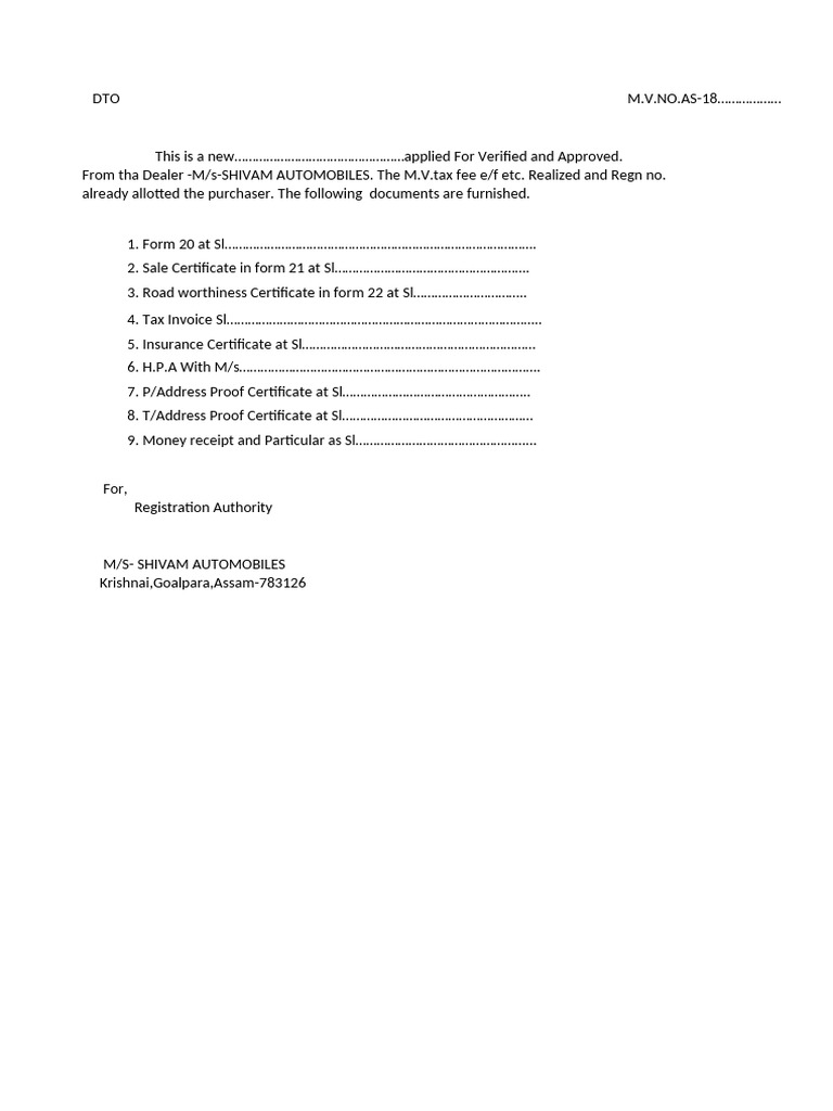 Vehicle Registration Document | PDF