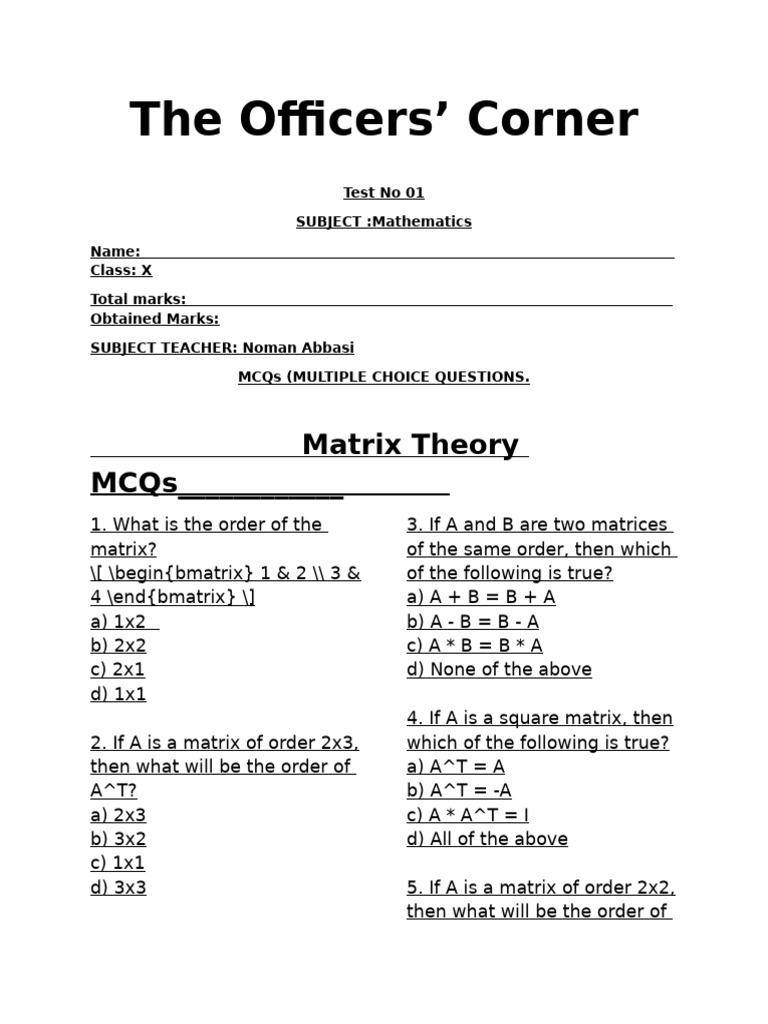 Sir noman 10th | PDF | Matrix (Mathematics) | Mathematical Objects