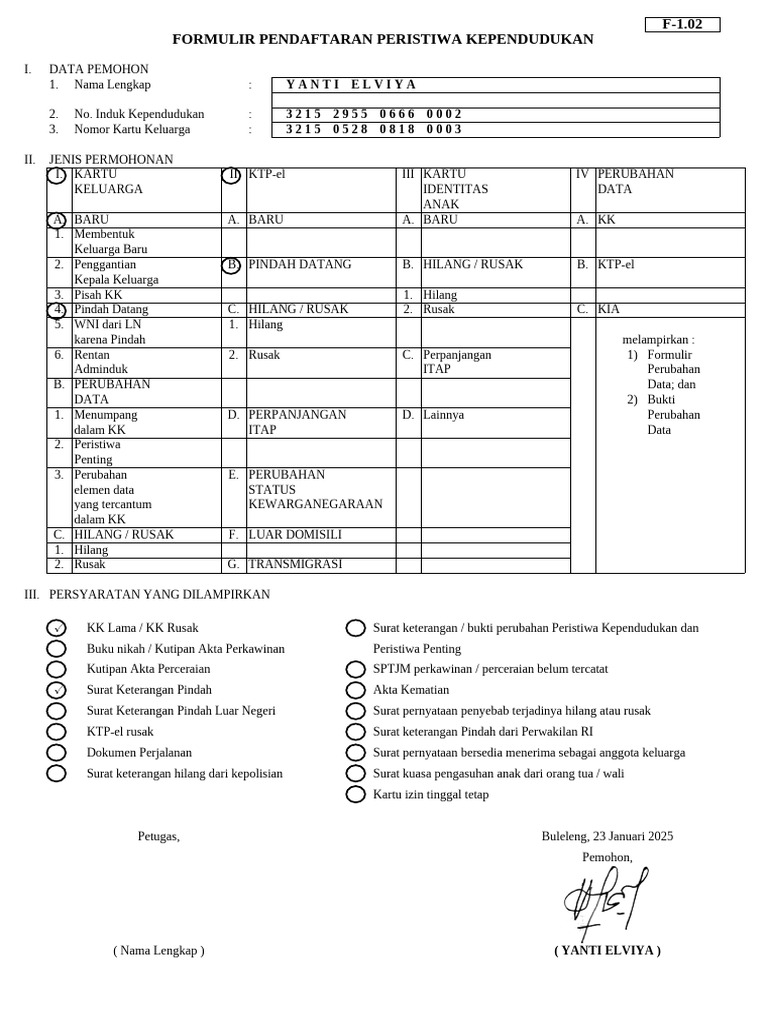 F-1.02 Formulir Pendaftaran Peristiwa Kependudukan | PDF