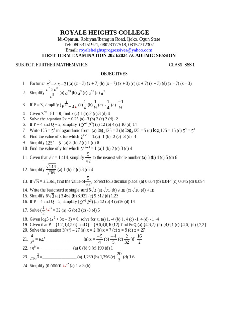 Further Mathematics SS1 | PDF | Equations | Applied Mathematics