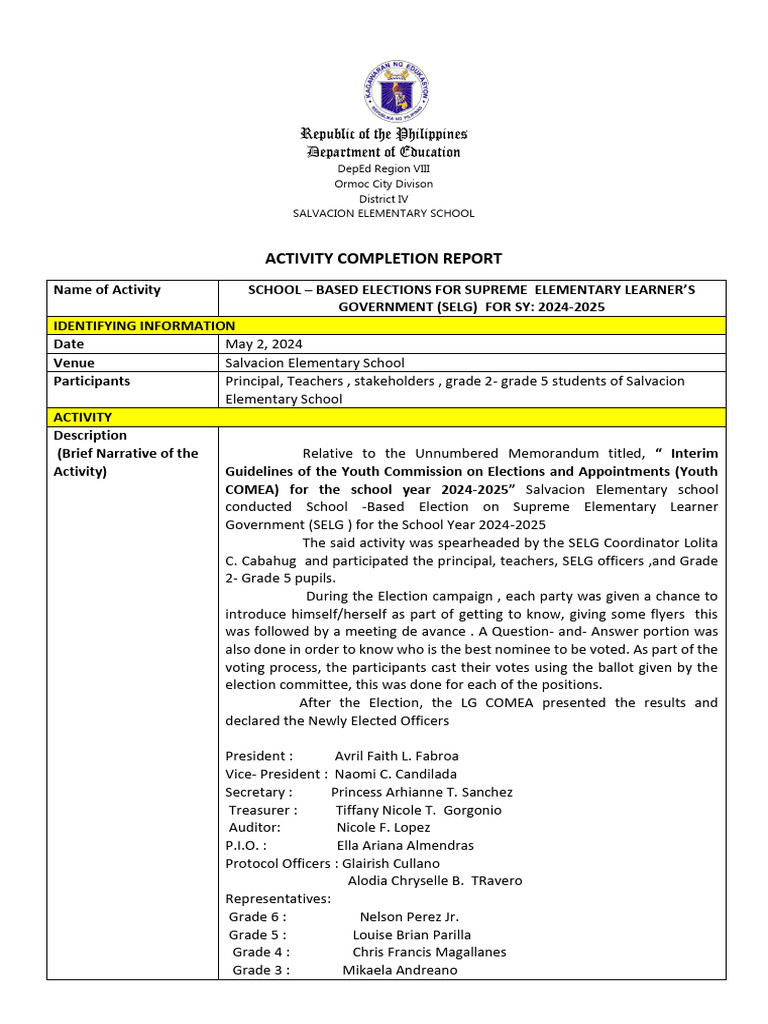 Acr On Selg Elections-Salvacion Elem. School | PDF | Political Events ...