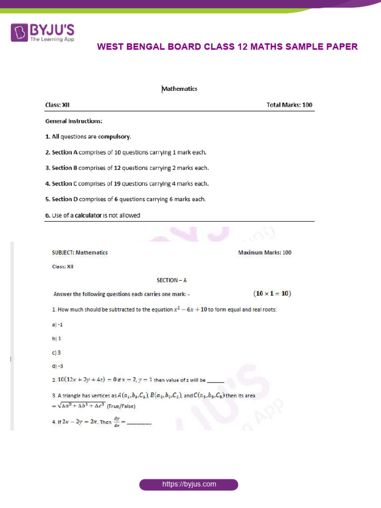 West Bengal Board Class 12 Sample Paper | PDF