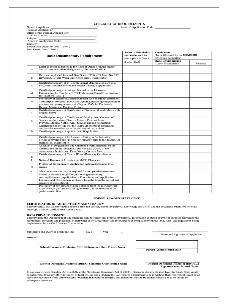 Applicant Requirements Checklist | PDF