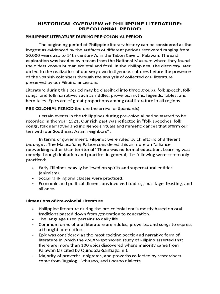 Quarter 1 Module 2 HISTORICAL OVERVIEW OF PHILIPPINE LITERATURE PRE COLONIAL PERIOD | PDF ...