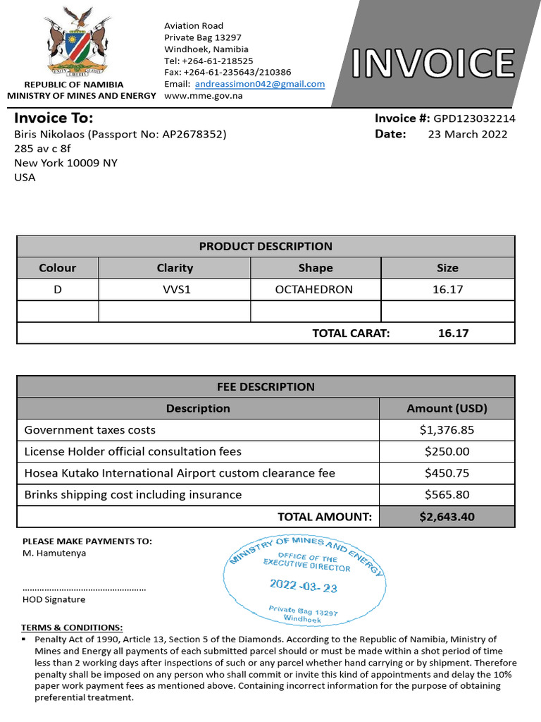 Invoice for Nikolaos Biris - Namibia | PDF