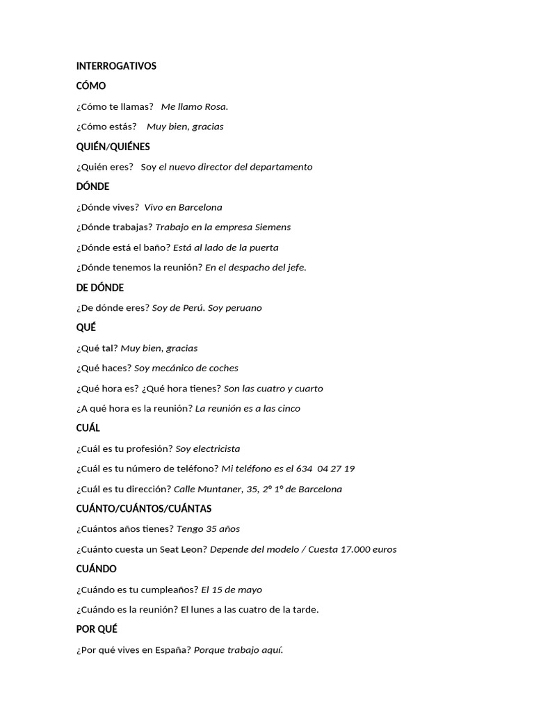 A1-INTERROGATIVOS - Completo Con Practica y Ejemplos | PDF