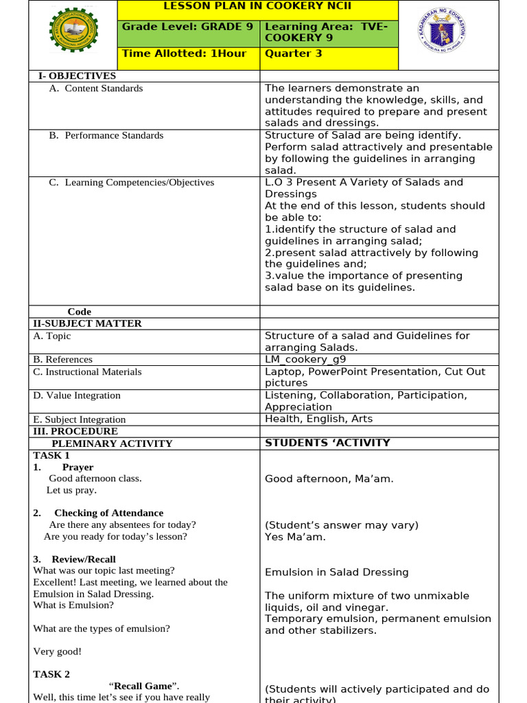 Salad Preparation Lesson Plan | PDF | Education Theory | Learning