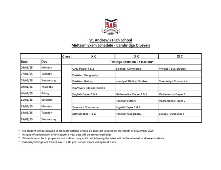 Grade 6 Midterm Exam Schedule | PDF