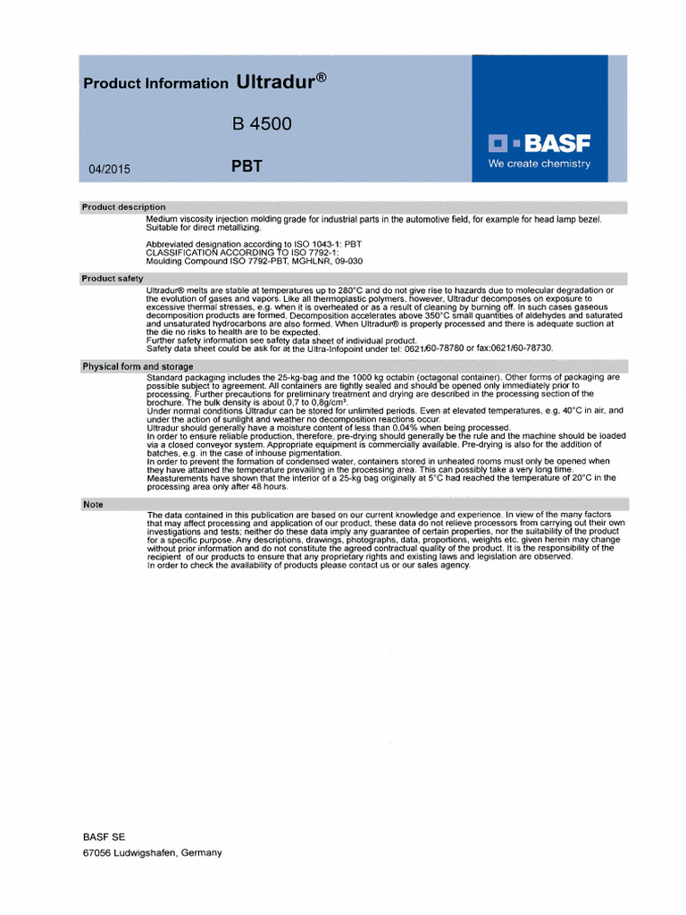 Ultradur B4500 Data Sheet | PDF