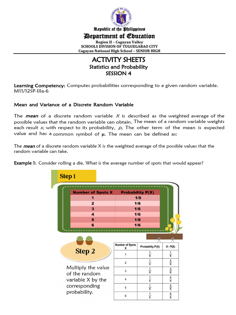 Activity Sheet Session 4 Statprob | PDF | Probability Distribution | Mean