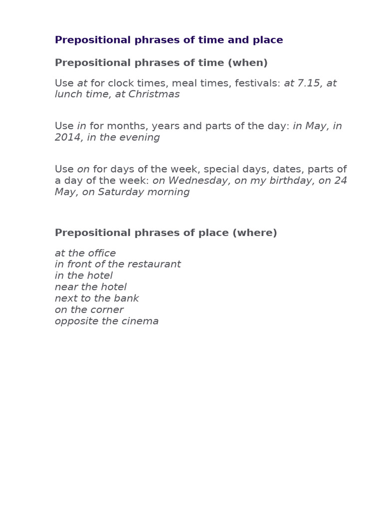 Prepositional Phrases of Time and Place | PDF